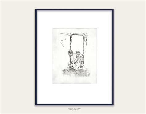 Rustic Tree Swing Sketch Wall Art Girls Swinging Drawing Summer