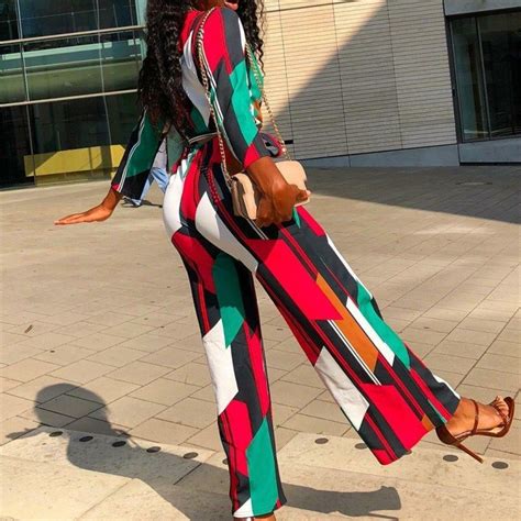 2019 Colorful Striped Print Loose Jumpsuit Women African V Neck Long