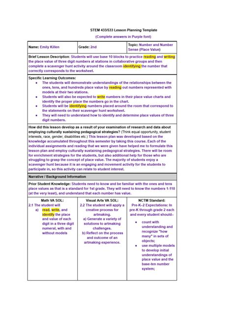 Stem 433 533 Lesson Planning Template 1 Pdf Lesson Plan Behavior