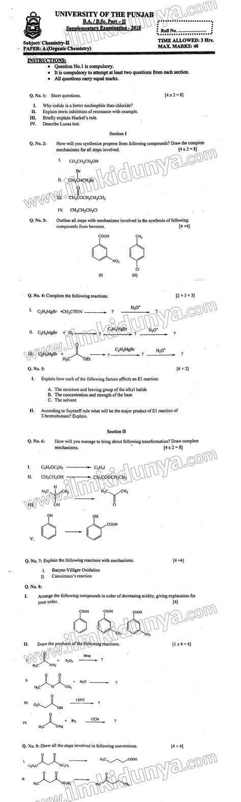 Past Paper Ba Bsc Part 2 Punjab University Chemistry Supplementary Paper Optiona