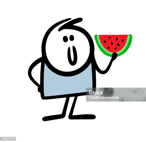 Stickman은 잘 익은 수박 한 조각을 손에 들고 있습니다 캐릭터와 큰 베리의 벡터 그림입니다 2차 도형에 대한 스톡 벡터 아트 및 기타 이미지 Istock