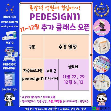 수강모집 초보환영 컴퓨터자수 자수프로그램 Pedesign11 11월~12월 추가 클래스 오픈