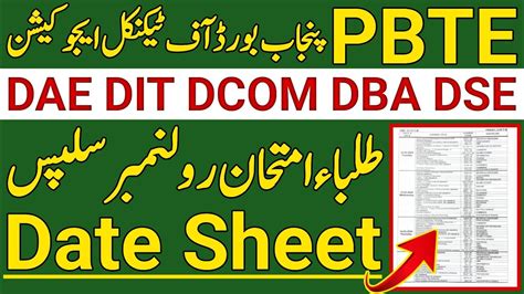 punjab board of technical education dae dit dcom dba dse exam date sheet 2024 pbte exam date