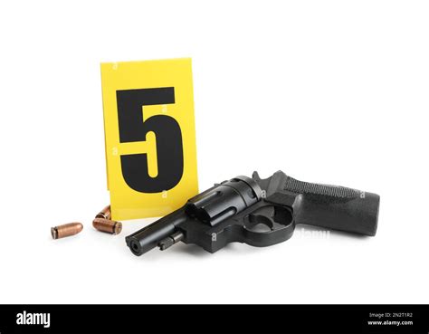 gun bullets and crime scene marker with number five isolated on white