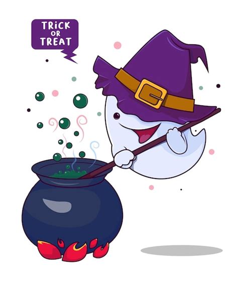 Premium Vector Cute Ghost Witch Cooking Spell Halloween Cartoon