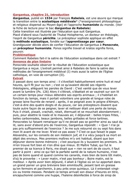 fiche bac lecture linéaire gargantua chapitre 21