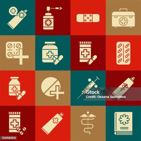 세트 의료 책 연고 크림 튜브 약 알약 물집 팩 붕대 석고 약 병 알 약 그리고 아이콘 벡터 건강 진단에 대한 스톡 벡터 아트 및 기타 이미지 Istock