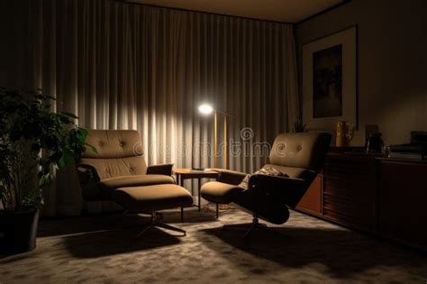 A Half Lit Room With A Comfortable Lounge Chair Stock Image Image Of