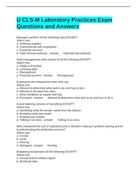 U CLS M Laboratory Practices Exam Questions And Answers Laboratory Management Stuvia US