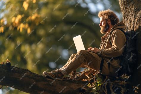 Premium Photo A Man Programmer Sitting On A Tree Branch And Coding On