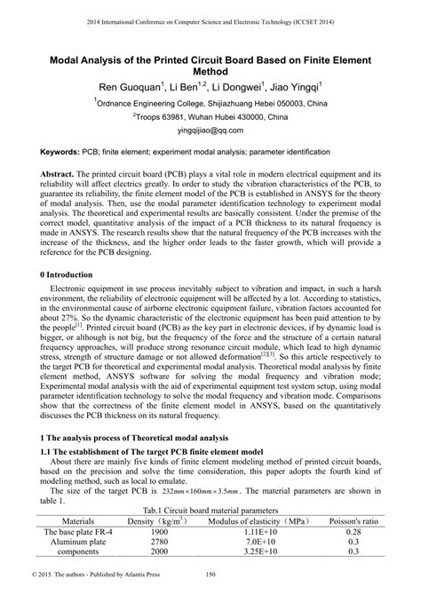 Pdf Modal Analysis Of The Printed Circuit Board Based On Finite Element Method