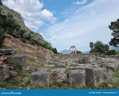 Greece Delphi Temple Of Athena Pronaia And Tholos Ancient Delphi Greece Stock Photo Image Of