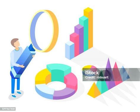 돋보기 볼륨 파이 차트 막대 그래프 분석 인포 그래픽을 가진 남자 비즈니스 예측 등측투영법에 대한 스톡 벡터 아트 및 기타 이미지 등측투영법 인포그래픽 3차원 형태