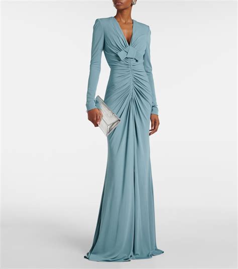 Bow Detail Ruched Jersey Gown In Blue Elie Saab Mytheresa