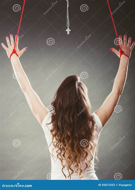 Tied Woman Forced To Worship Fake Faith Religion Stock Photo Image