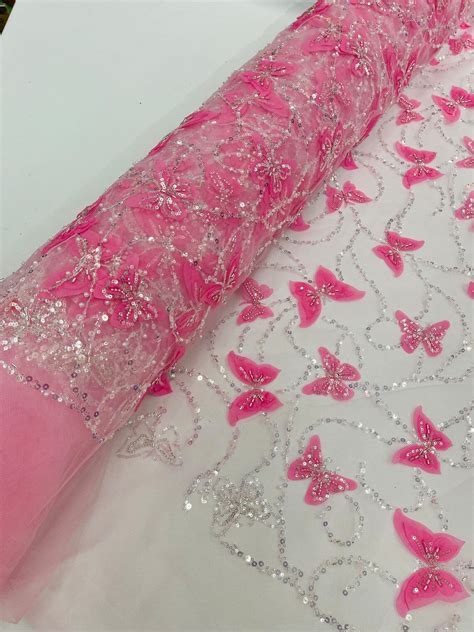 3d Butterfly Beaded Fabric Pink Silver Beaded Sequins Butterfly