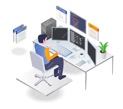 Premium Vector Programmer Working On Computer With Lots Of Data