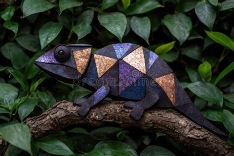 Geometric Chameleon Sculpture On A Tree Branch Stock Illustration