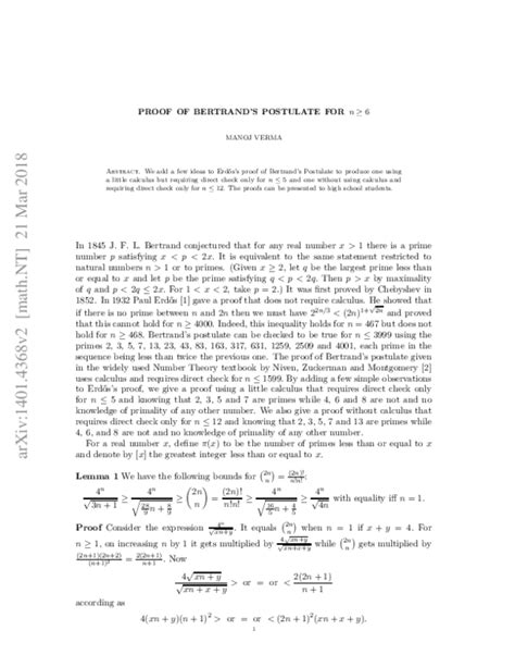 Pdf A More Elementary Proof Of Bertrands Postulate Manoj Verma