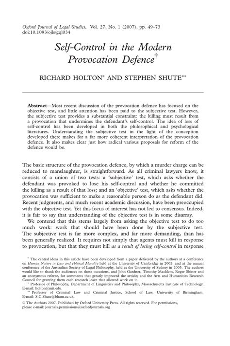 Pdf Self Control In The Modern Provocation Defence