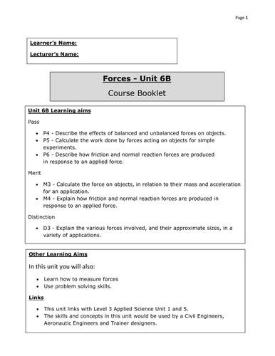 btec level 2 applied science unit 6 aim b forces teaching resources