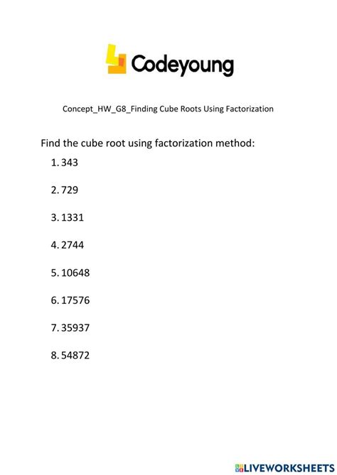 concept hw g8 finding cube roots using factorization worksheet live
