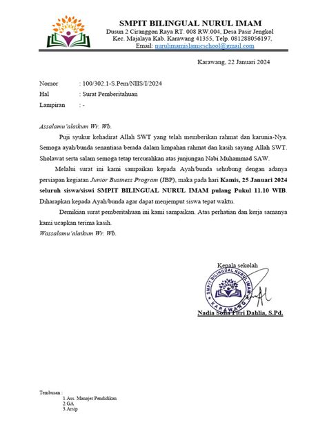 Surat Pemberitahuan Pulang Cepat Siswa Pdf