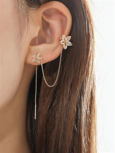 Zircon Decor Flower Design Mismatch Earrings In 2024 Pretty Earrings Earings Piercings