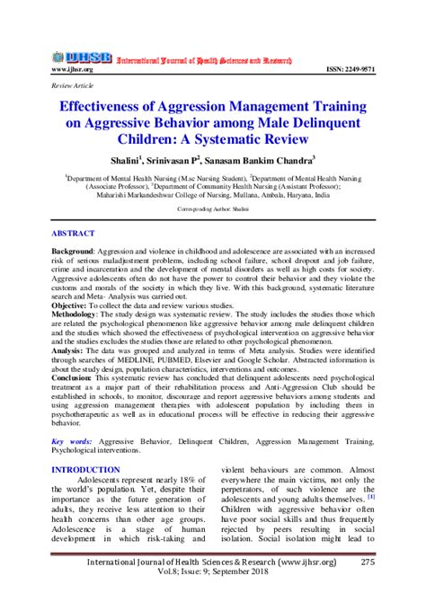 Pdf Effectiveness Of Aggression Management Training On Aggressive Behavior Among Male