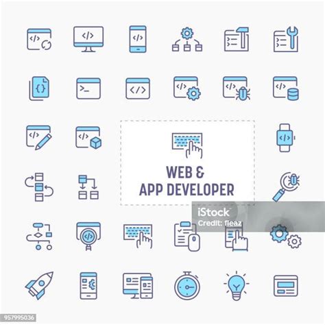 Web 和應用程式開發人員圖示集向量圖形及更多一組物體圖片 一組物體 互聯網 便攜式資訊設備 Istock