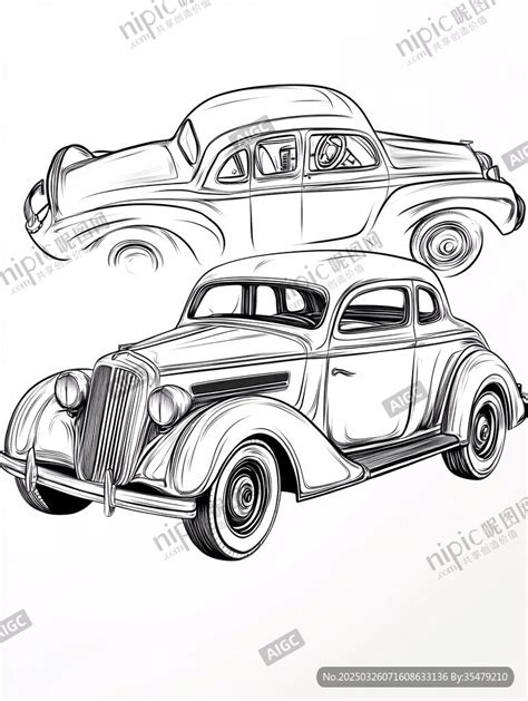 Ai创作图复古汽车 手绘图 经典车型 线条画 老爷车 老式汽车 汽车轮廓 手绘风 怀旧汽车 经典汽车 汽车艺术 黑白画 汽车造型 复古设计
