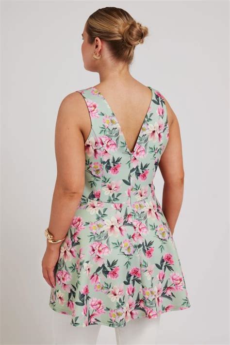 Yours London Plus Size Green Floral Print Peplum Top Yours Clothing