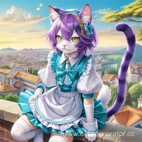 White Cat With Long Purple Hair And Turquoise Strands Meme In Maid