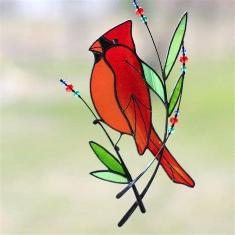 Suncatcher Stained Glass Art Window Hangings Cardinal Bird On Holly Berry Branch Home Decor T