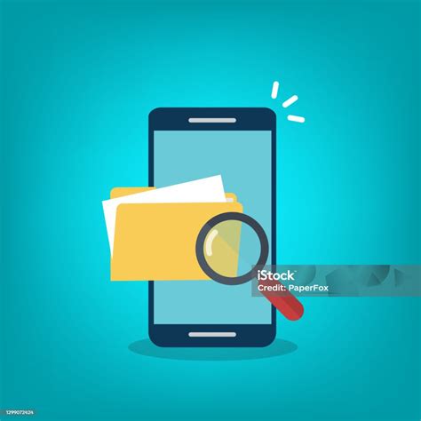 휴대 전화에서 파일 폴더 문서를 스캔하거나 검사하십시오 스마트폰 아카이브 리뷰 법률 문서의 온라인 분석 확인 찾기 또는 휴대 전화검색 개념에 대한 스톡 벡터 아트 및 기타
