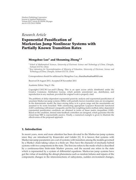Pdf Exponential Passification Of Markovian Jump Nonlinear Systems With Partially Known