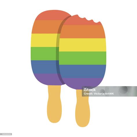 흰색 배경에 자부심 플래그의 색상에 그려진 스틱 한 물린에 두 개의 아이스크림 성소수자 상징 무지개에 대한 스톡 벡터 아트 및