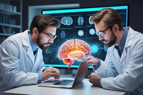 Neurocientistas Olhando Para A Imagem Do Cérebro Na Tela Do Laptop