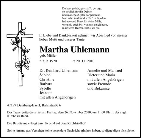 Traueranzeigen Von Martha Uhlemann Trauer In Nrwde