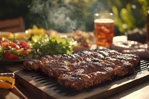 A Summer Barbecue With A Table Full Of Grilled Meats Salads And Drinks