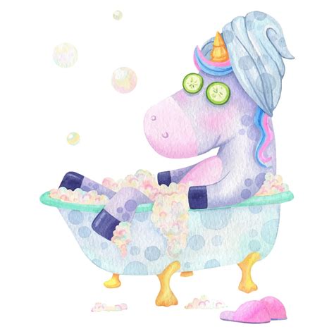 Premium Vector Funny Unicorn Takes Bath Watercolor Illustration