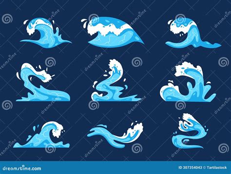 Cartoon Wave Splash Ocean Wave In Motion Sprite Sheet Of Curly Sea Waves Swirl Aqua Symbol