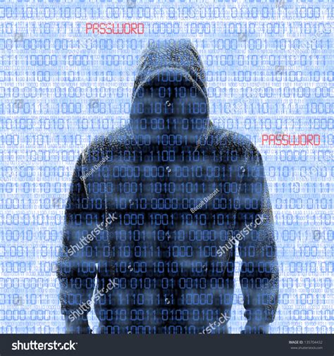 Silhouette Of A Hacker Isolated On White With Binary Codes On