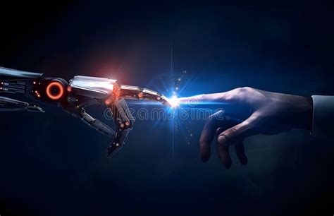 Human Hand And Robot Finger Touch Each Other With Digital Data Flowing Artificial Intelligence