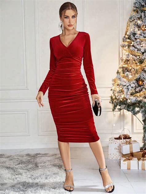 SHEIN Privé Surplice Neck Ruched Bodycon Dress SHEIN USA