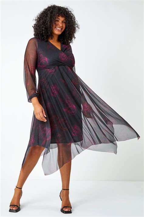 Black Curve Floral Mesh Overlay Wrap Dress Roman Uk