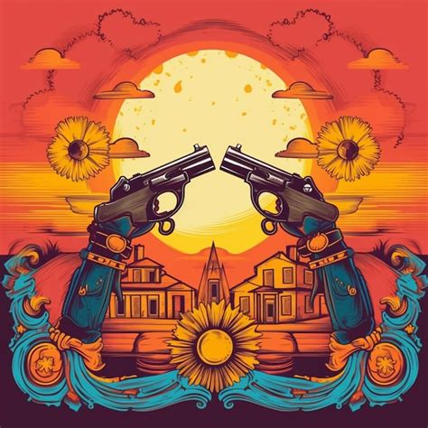 Premium Photo Illustration Of Two Guns In Front Of A Sunset With A