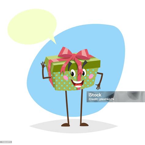 만화 그린 레드 리본 및 활 웃는 선물 상자 문자 점선 더미 연설 거품 파란색 배경에 고립 된 인간 답게 파티 기호입니다 벡터 일러스트입니다 볼테르 인조에 대한 스톡 벡터