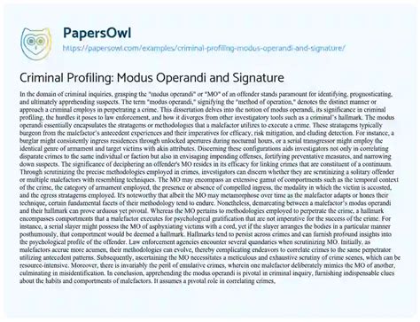 Criminal Profiling Modus Operandi And Signature Free Essay Example 540 Words
