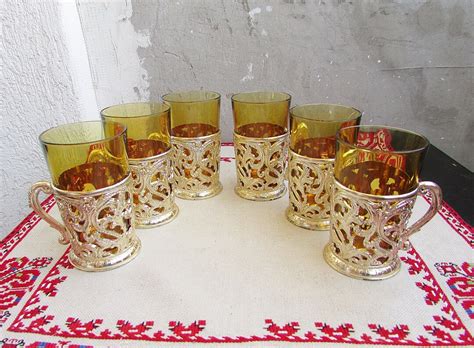 Vintage Set Of 6 Soviet Tea Glasses And Holders 70s Traditional Russian